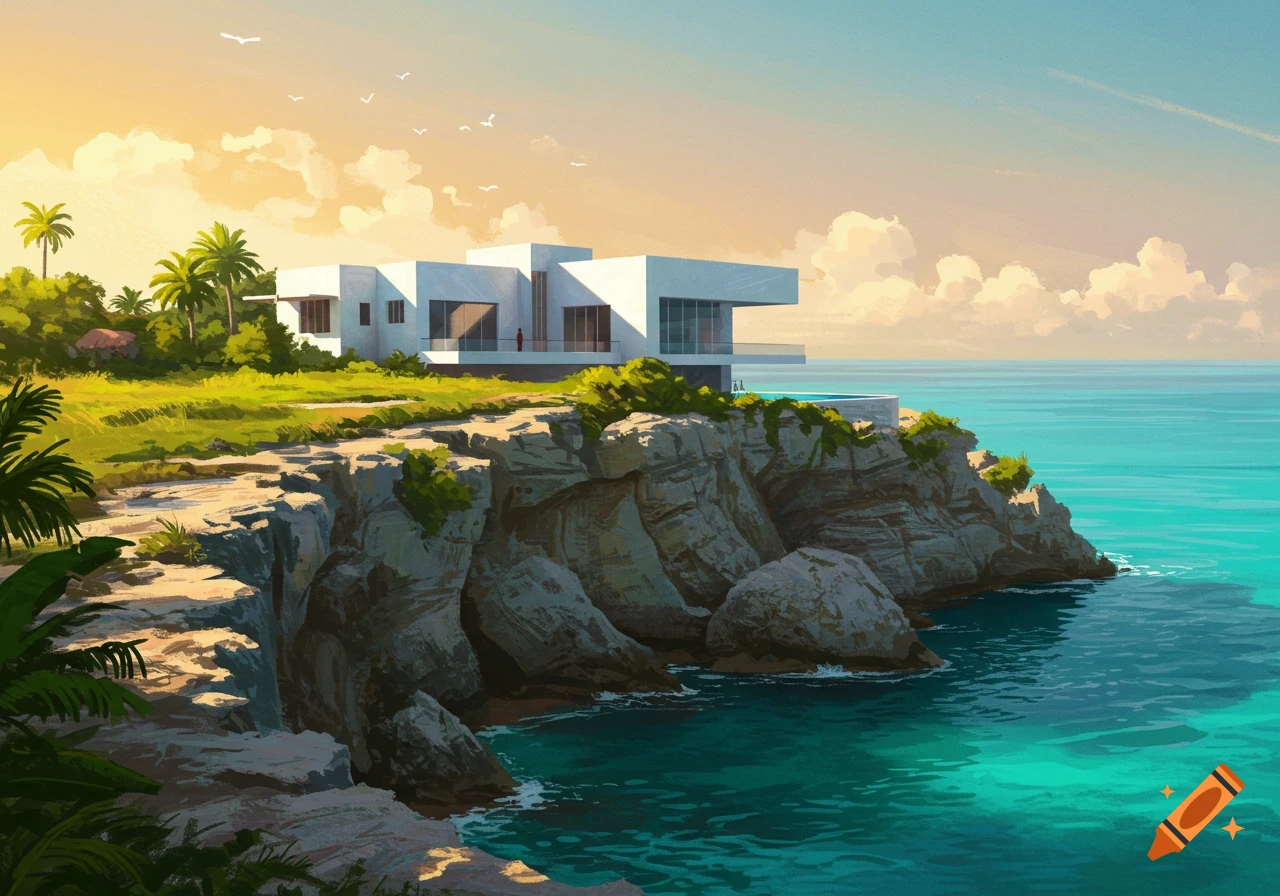 Modern white mansion on a cliff overlooking the sea, with tropical ...
