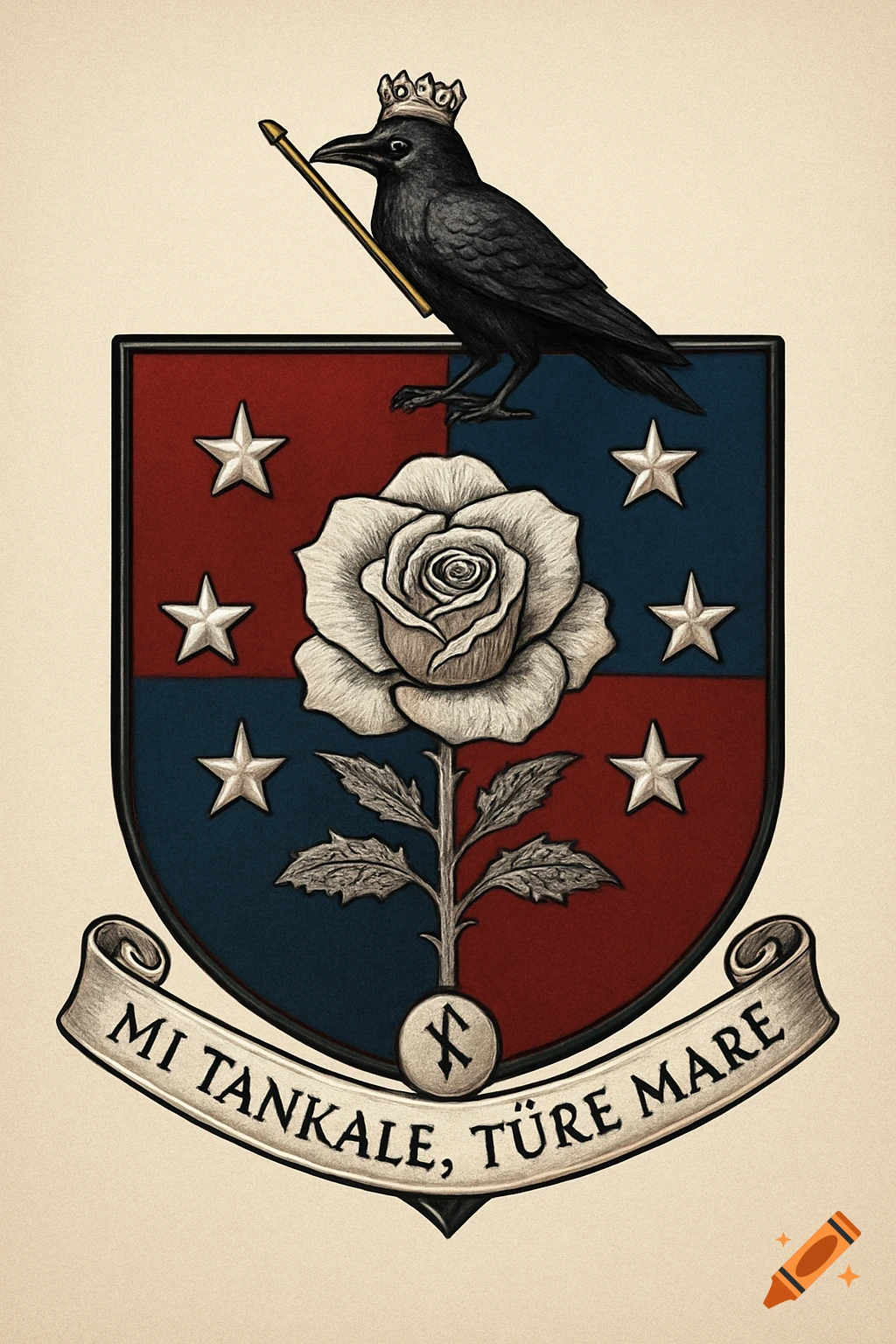 Coat of arms with a raven, rose, stars, and motto on a scroll. Stylized ...