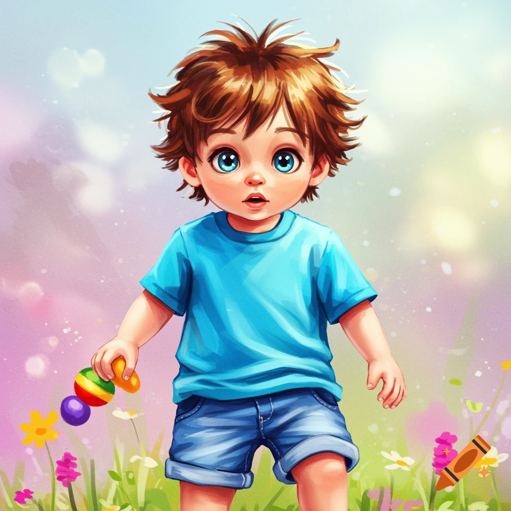 A cartoon illustration of a young boy holding a rattle in a grassy ...