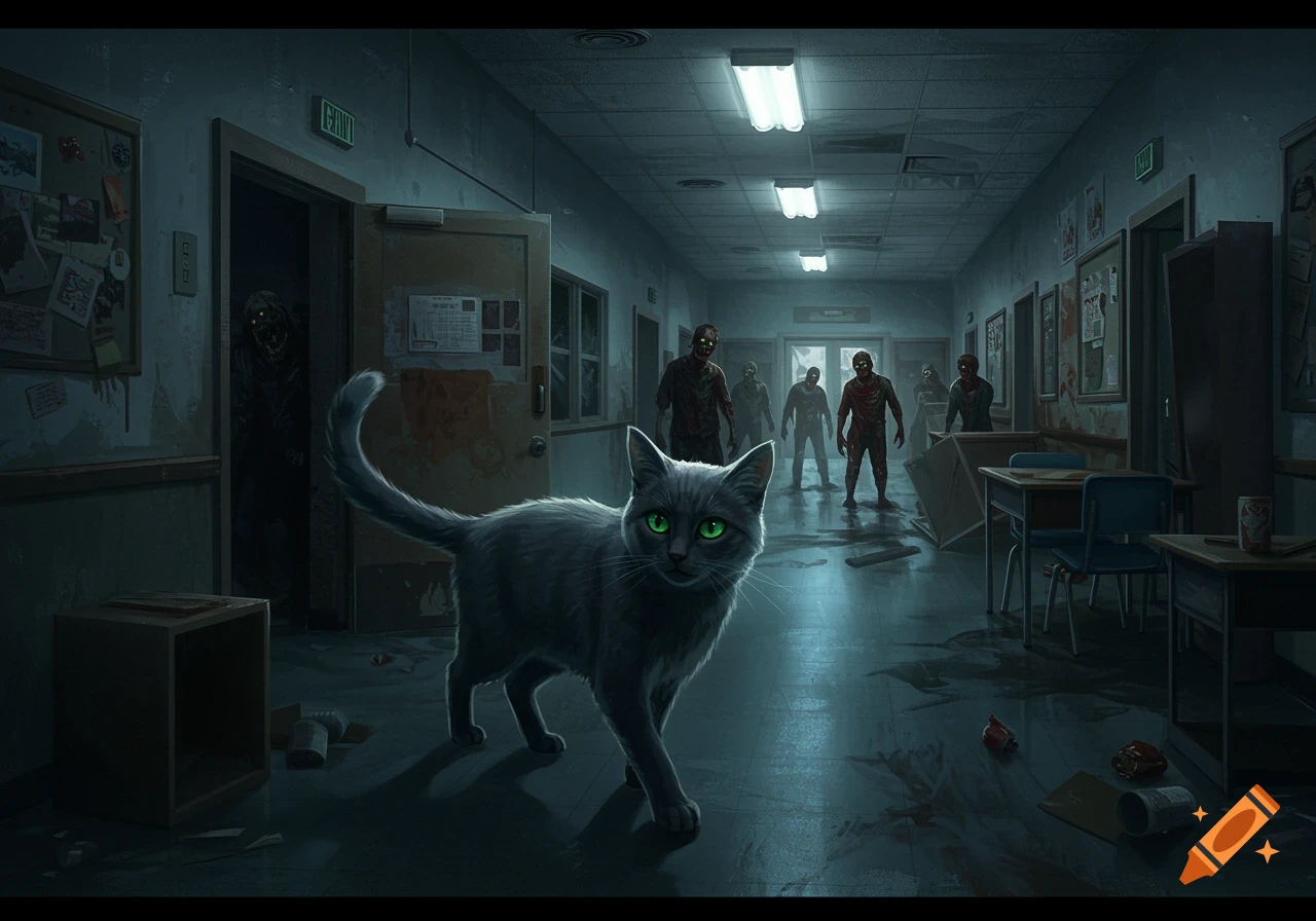 A grey cat walks through a dark, zombie-infested school hallway ...