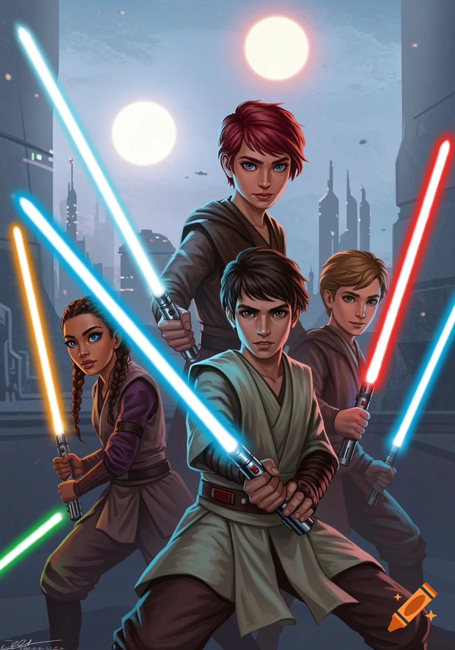 Illustration of four young characters resembling Jedi holding ...