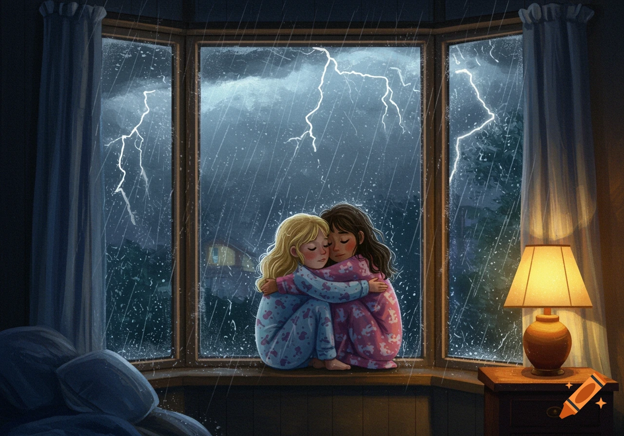 Two girls cuddle by a window during a rain and lightning storm. on Craiyon