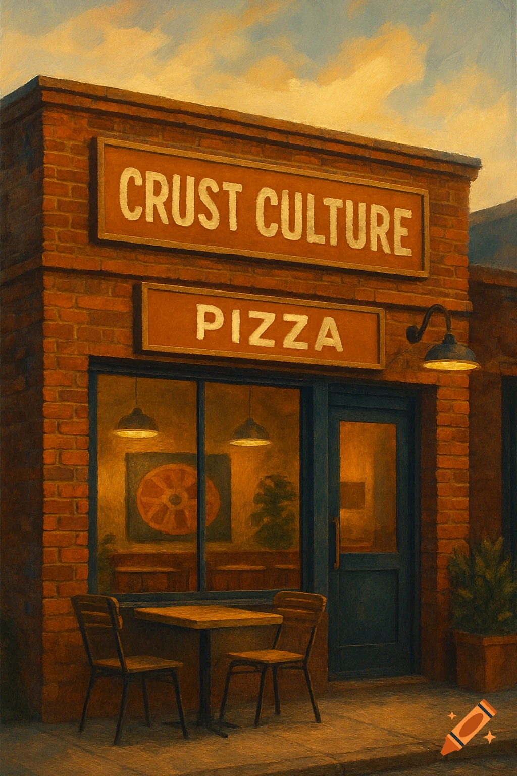 Painterly view of 'Crust Culture' pizza place with outdoor seating. on ...
