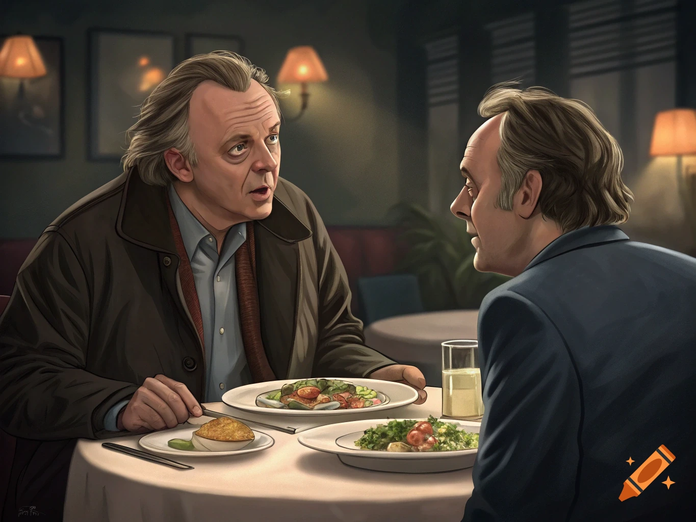 Illustration of two men talking while having dinner at a restaurant. on ...