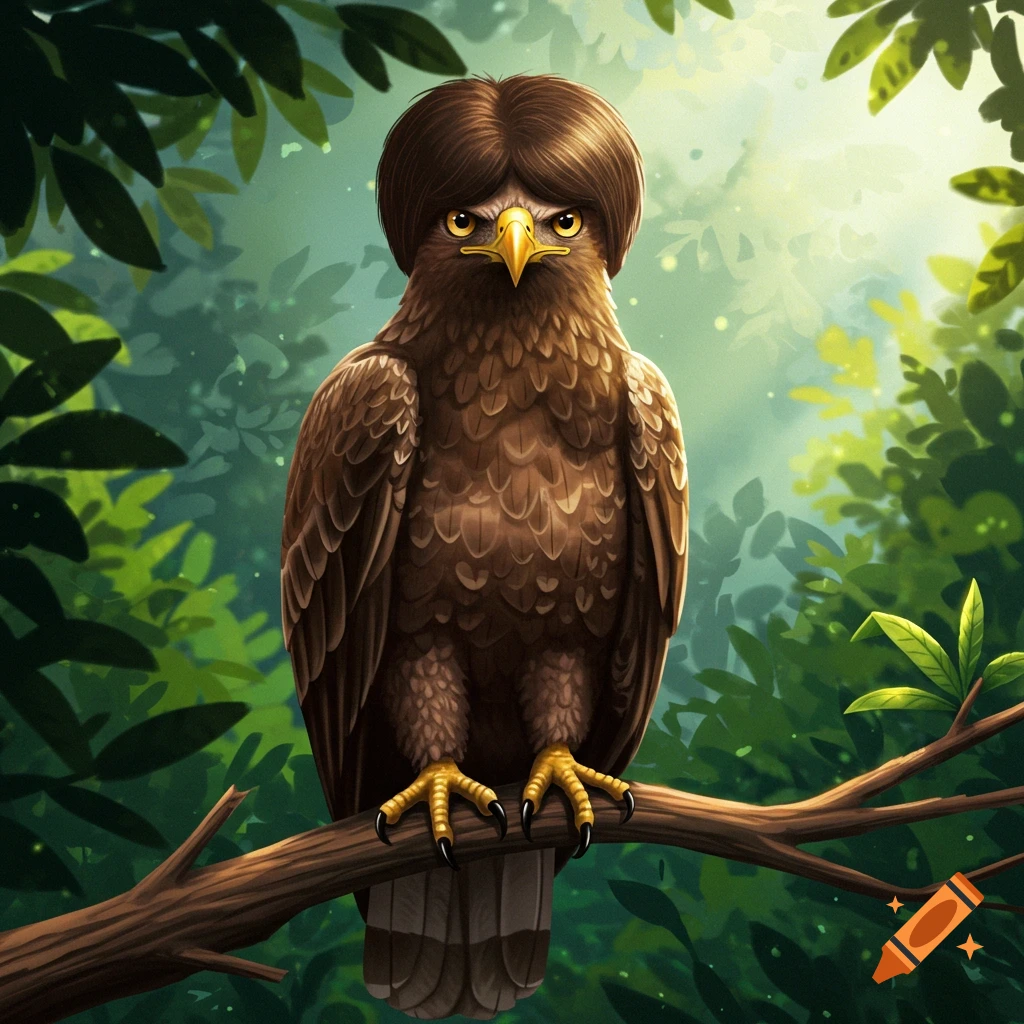 An eagle wearing a brown toupee sits on a branch in a forest. on Craiyon