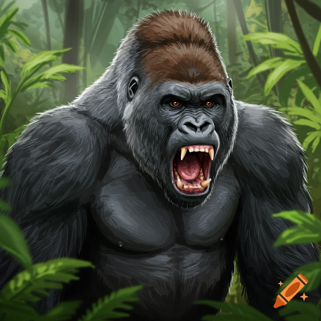 Detailed illustration of an angry gorilla roaring in a lush green ...