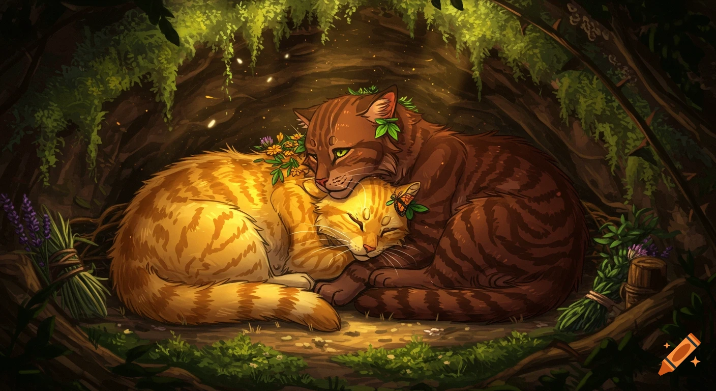 Digital painting of two cats cuddling in a mossy forest den with golden ...