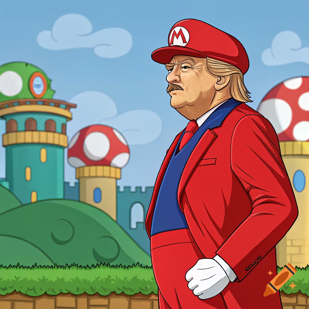 Cartoon of Donald Trump dressed as Mario in a Super Mario landscape. on ...