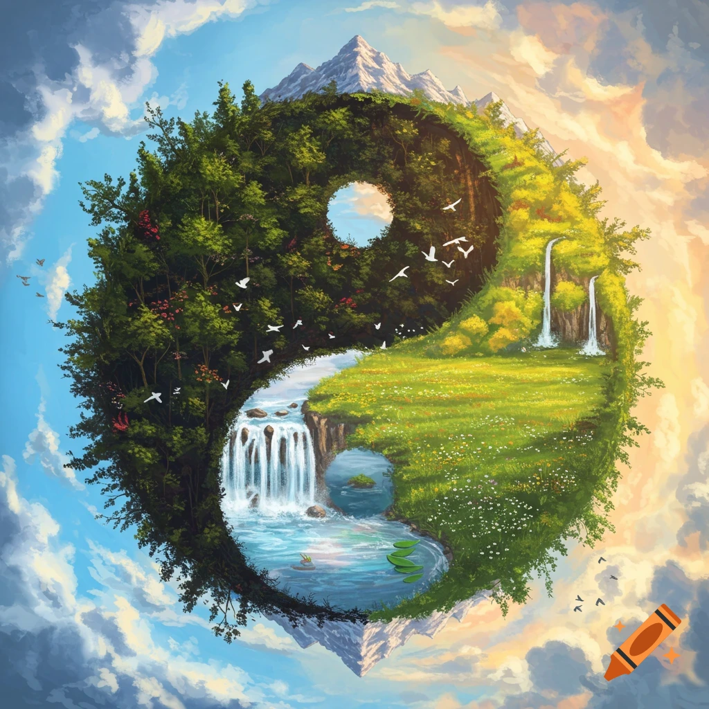 A landscape shaped like a yin yang symbol, with trees, mountains ...
