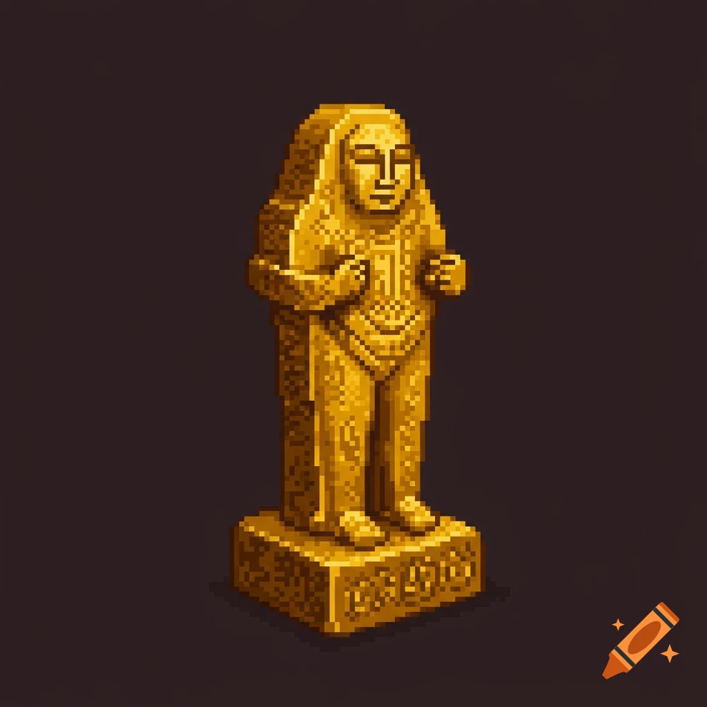 A golden statue or idol rendered in pixel art style. on Craiyon