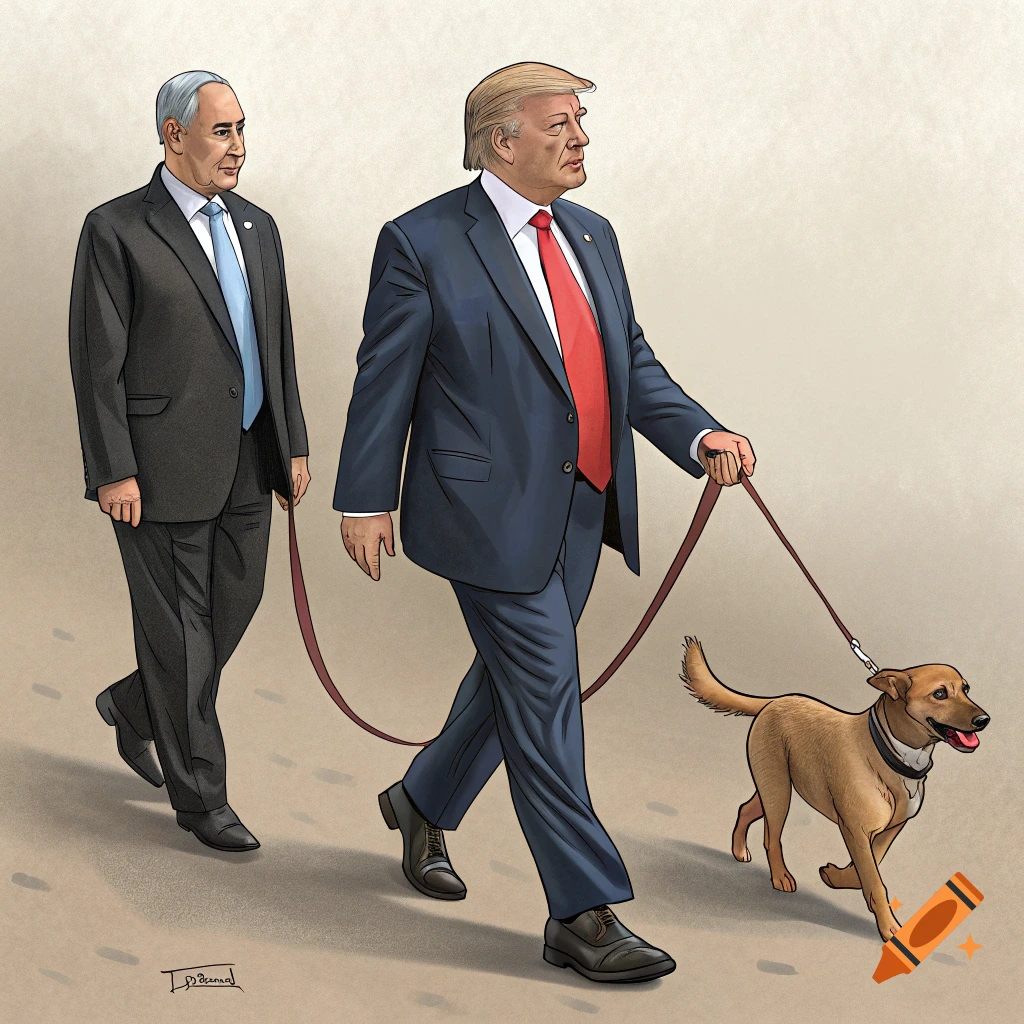 Cartoon of Netanyahu walking beside Trump who is holding a leash ...