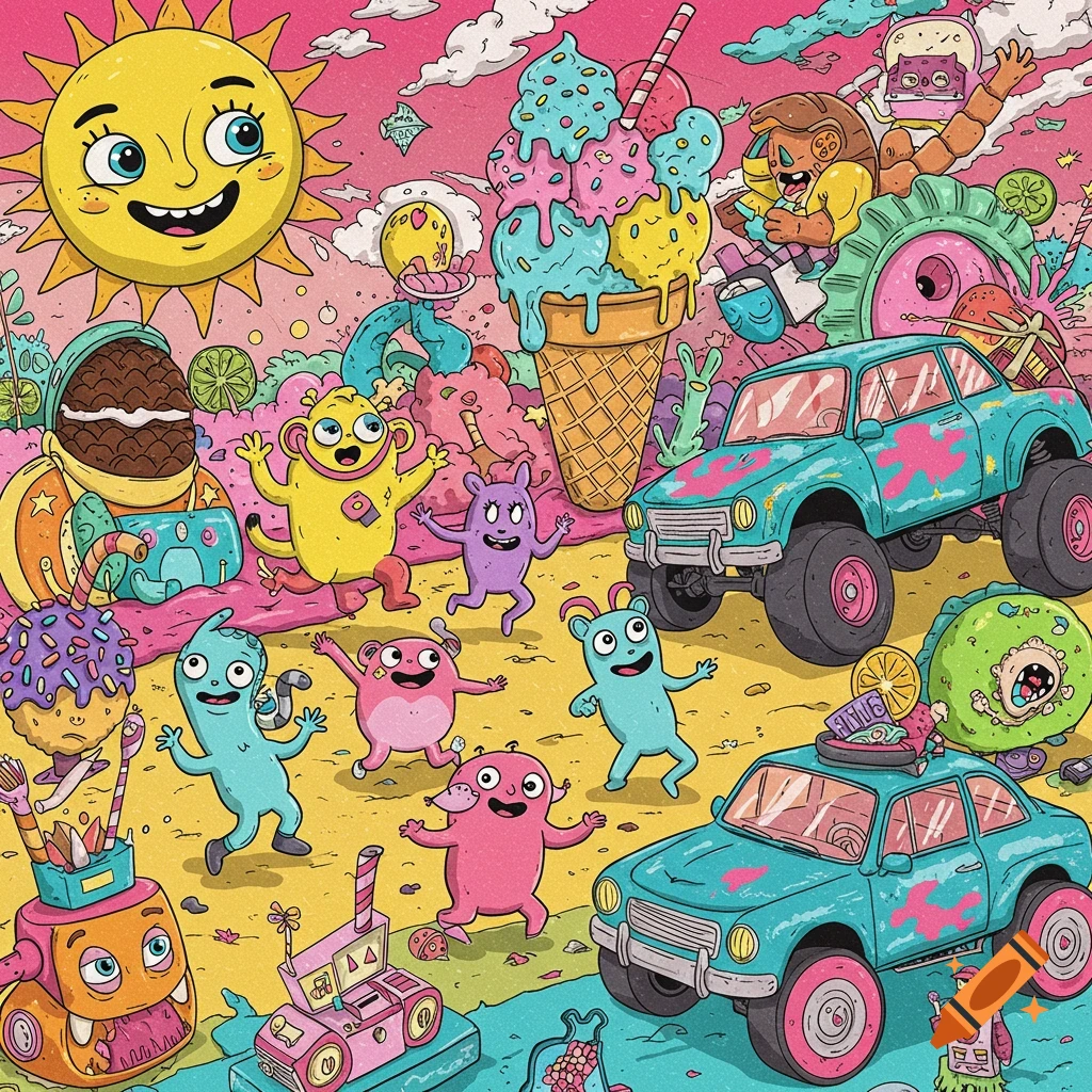 Colorful cartoon of happy monsters, giant ice cream, cars, and a ...