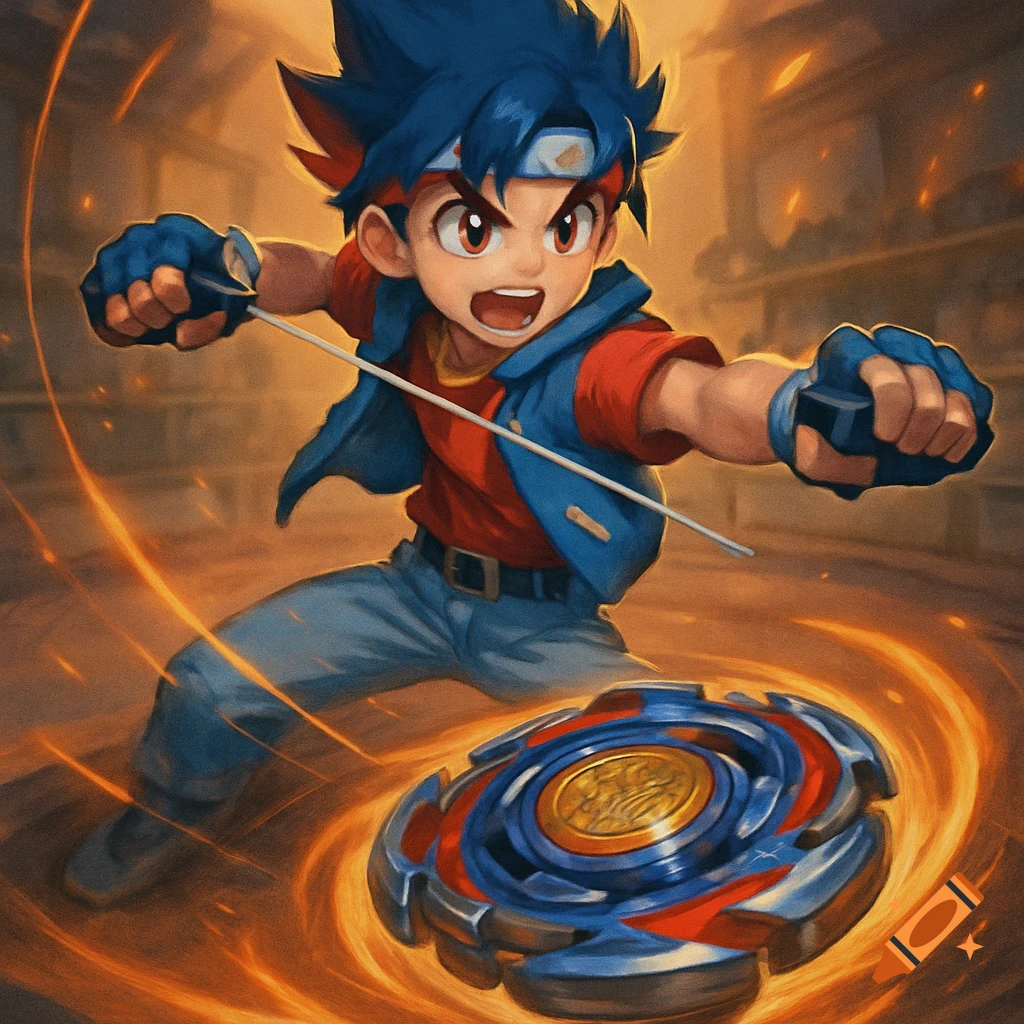 Anime illustration of a boy launching a spinning Beyblade with energy ...