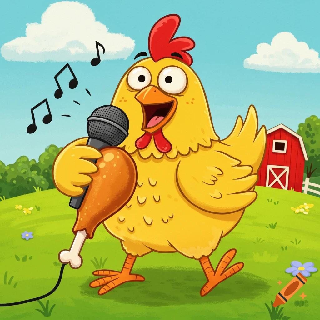 Cartoon chicken singing into a chicken leg microphone on a farm. on Craiyon
