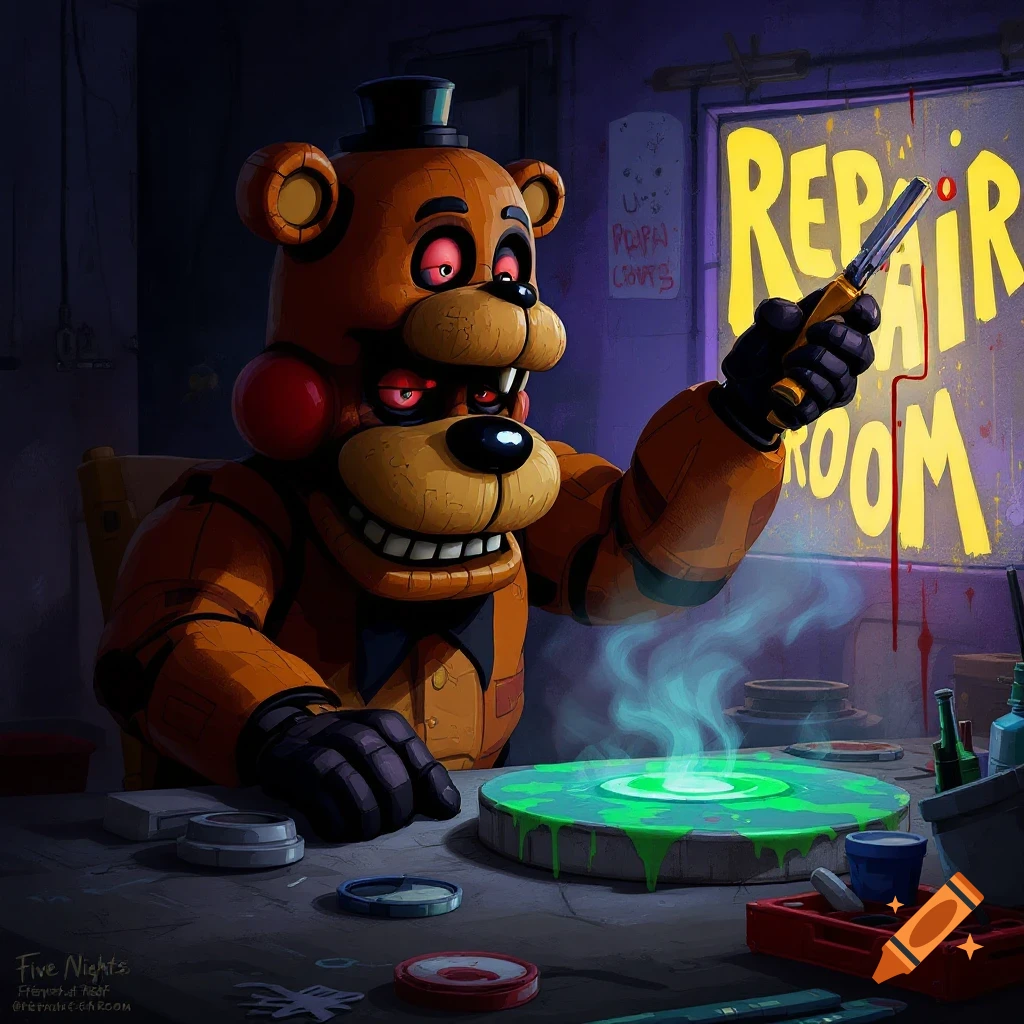 Freddy Fazbear animatronic in a repair room holds a tool over dripping ...