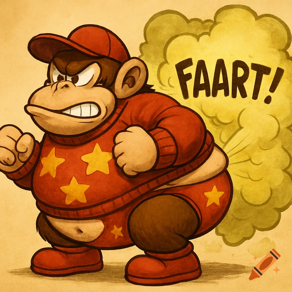 A fat cartoon ape in red clothes farts, with a cloud of gas and "FAART ...