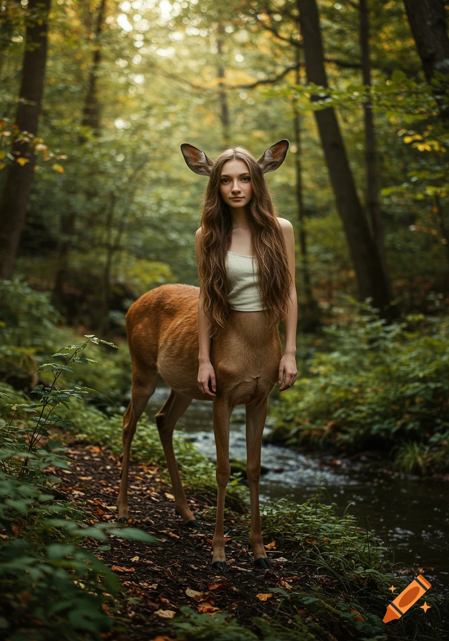 Photorealistic image of a deer centaur girl standing in a forest. on ...
