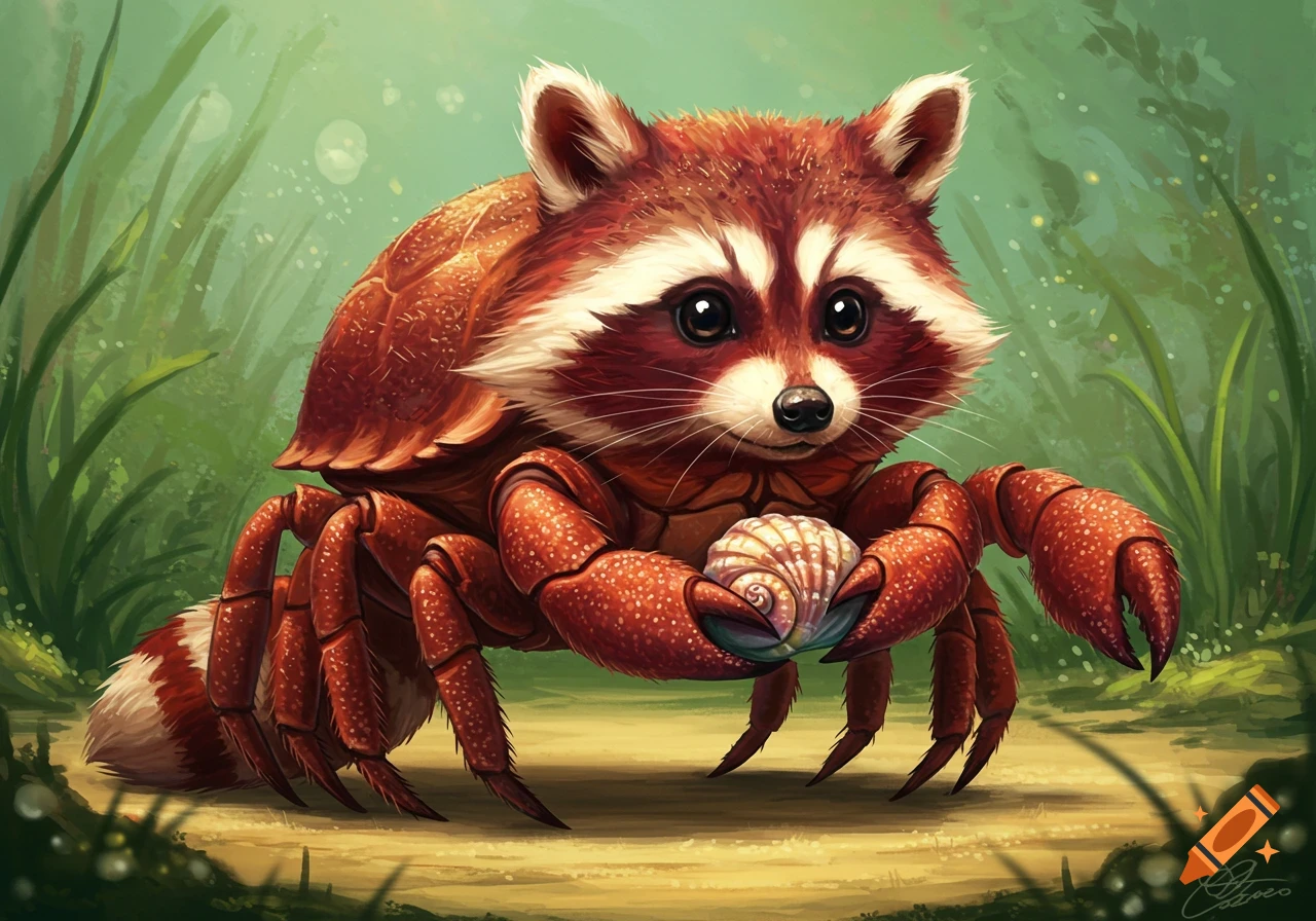 Illustration of a cute crab-raccoon hybrid creature holding a seashell ...