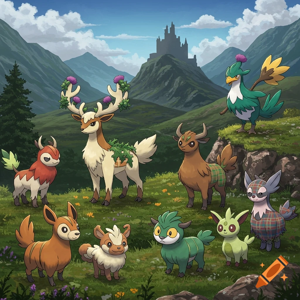 Scottish-themed creatures resembling Pokémon in a fantasy landscape ...