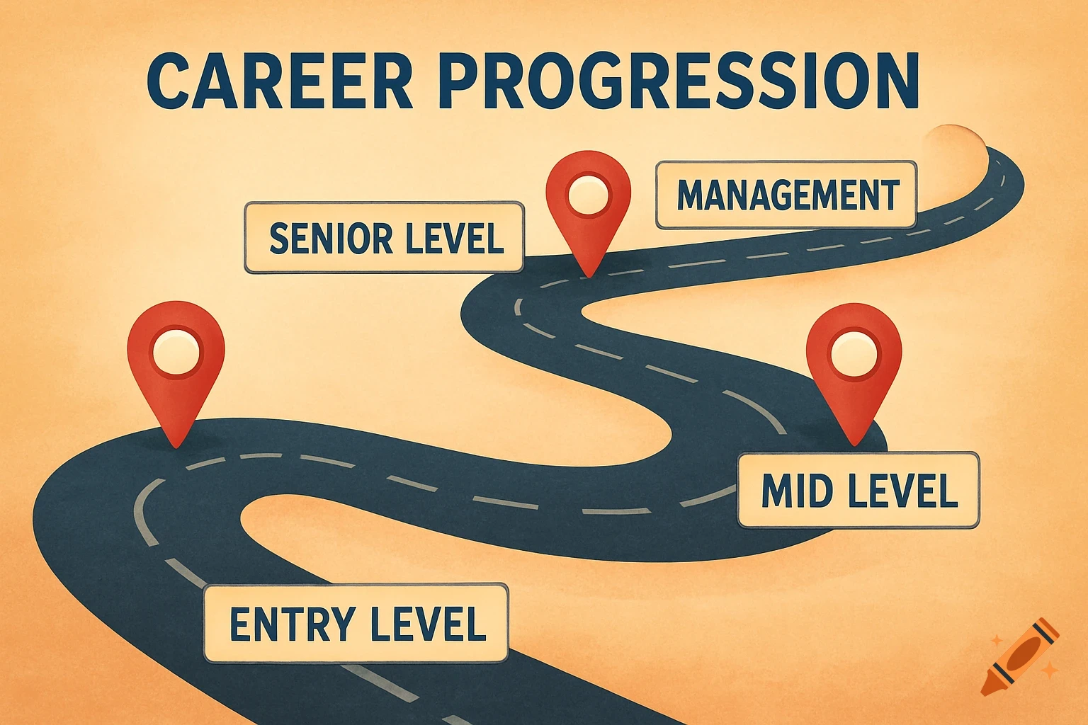 Illustration of a winding road with markers for career progression ...