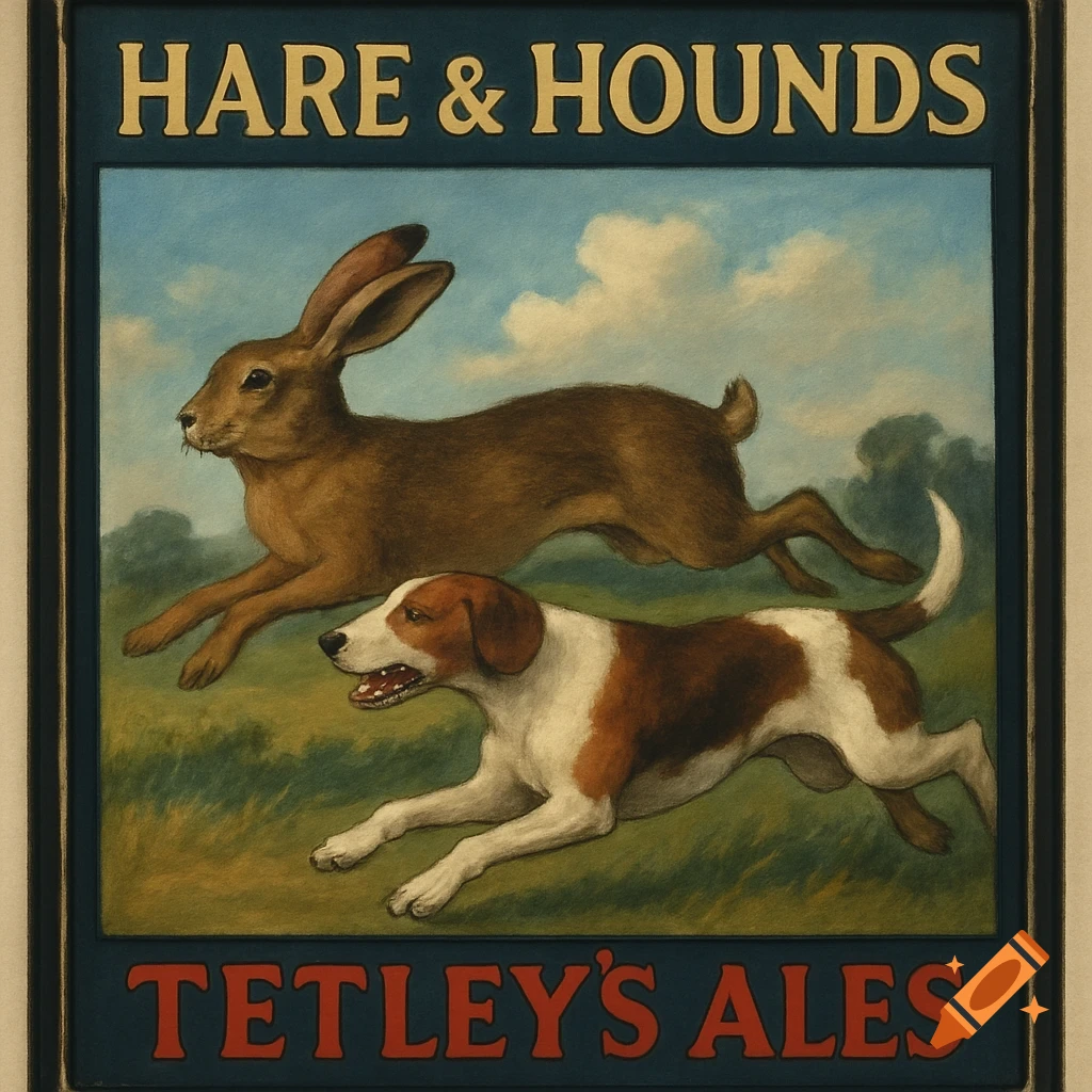 Painting of a pub sign showing a hare and a hound running. on Craiyon