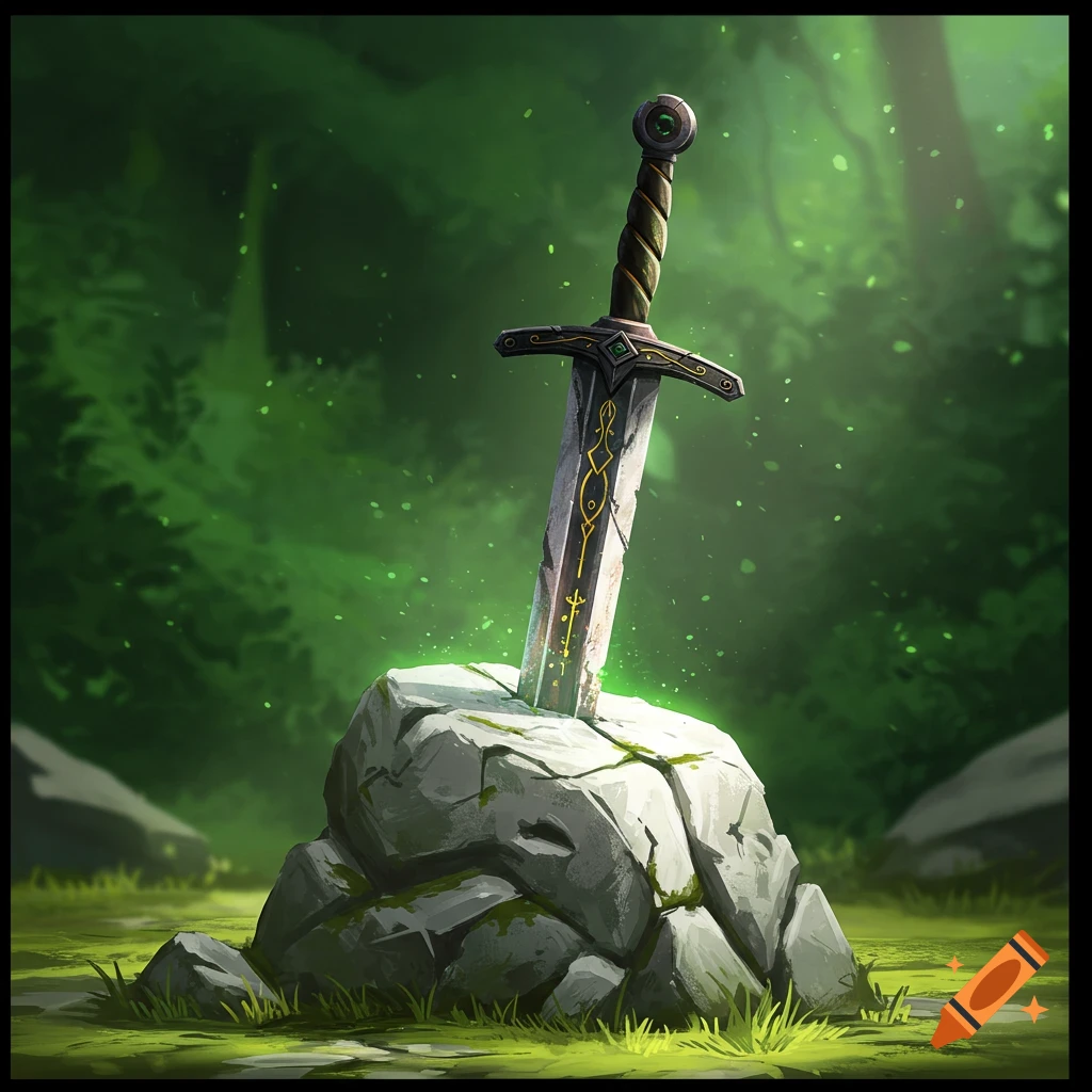 A sword with decorative markings is stuck upright in a large rock in a ...