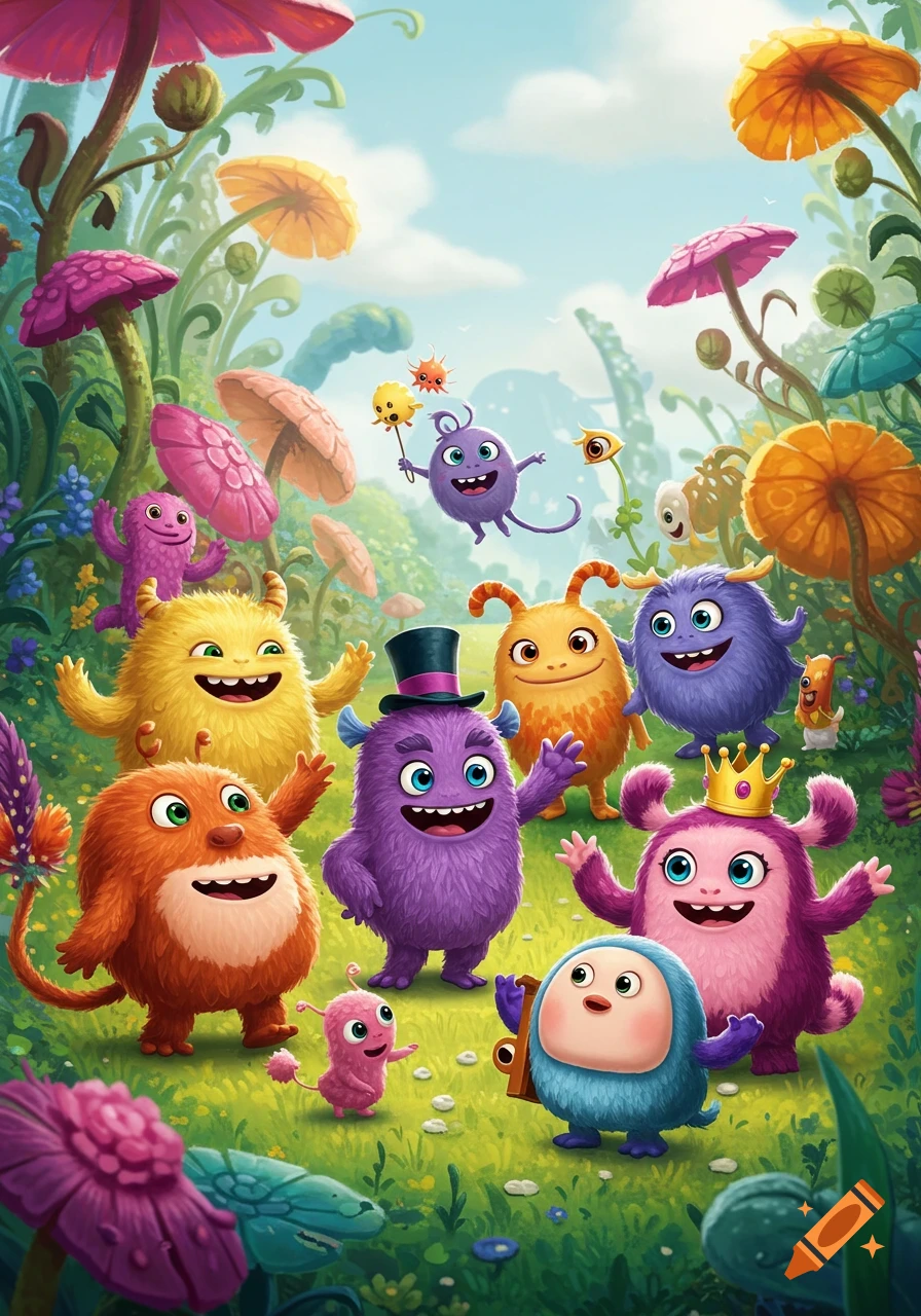 Colorful cartoon monsters smiling in a vibrant, whimsical fantasy ...
