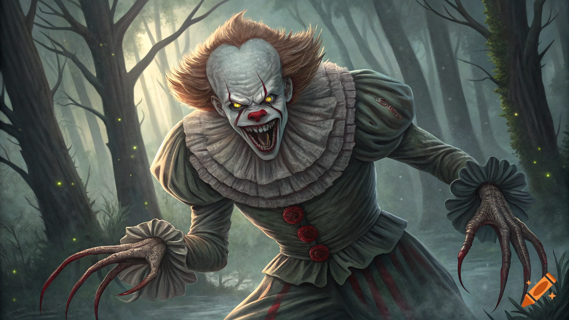 A terrifying clown-like monster with long claws looms in a dark, misty ...