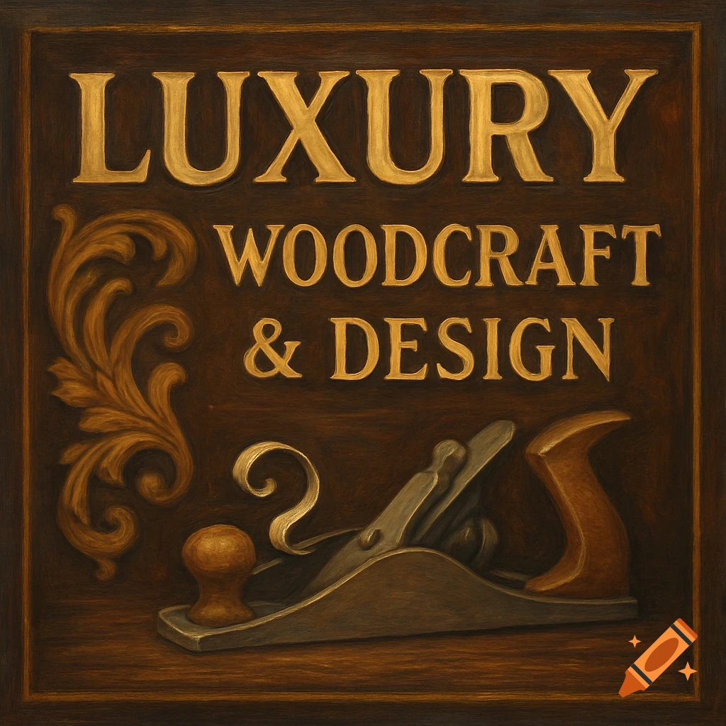 A carved wooden sign with the words "Luxury Woodcraft & Design ...