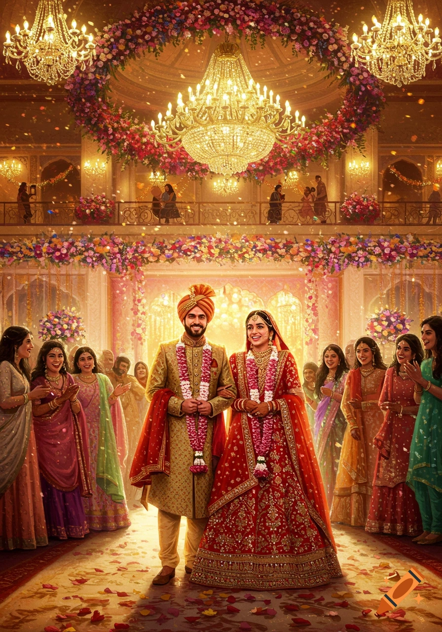 Indian couple at their wedding ceremony in a grand hall with guests and ...
