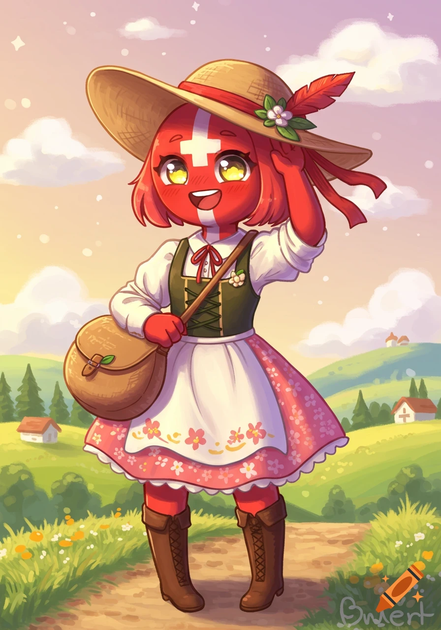 Cute cartoon character with Switzerland flag face, wearing a straw hat ...