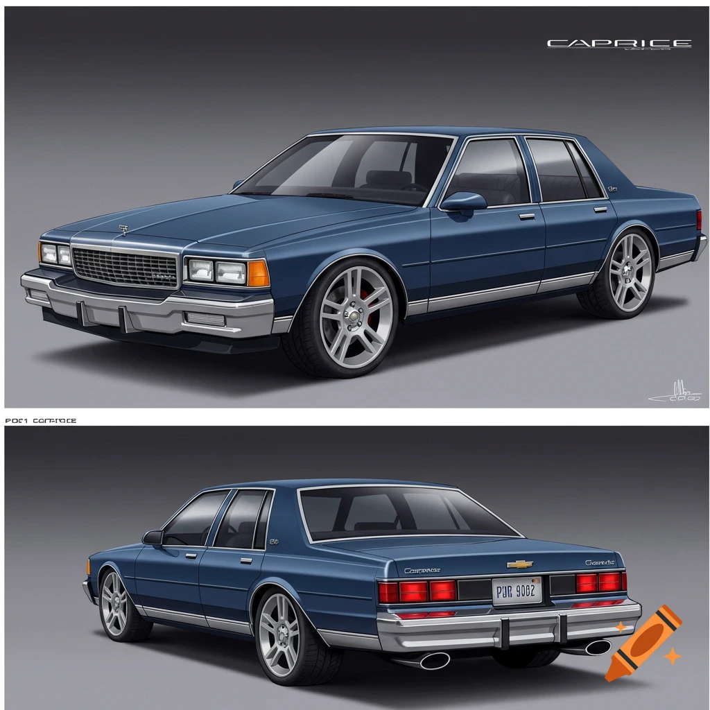 Illustration of a blue 1992 Chevy Caprice reimagined as a 2025 model ...