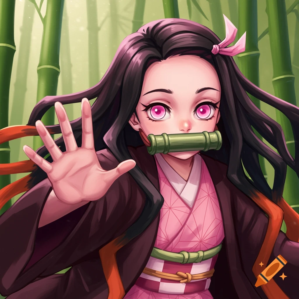 Anime character Nezuko Kamado holding out a hand in a bamboo forest. on ...