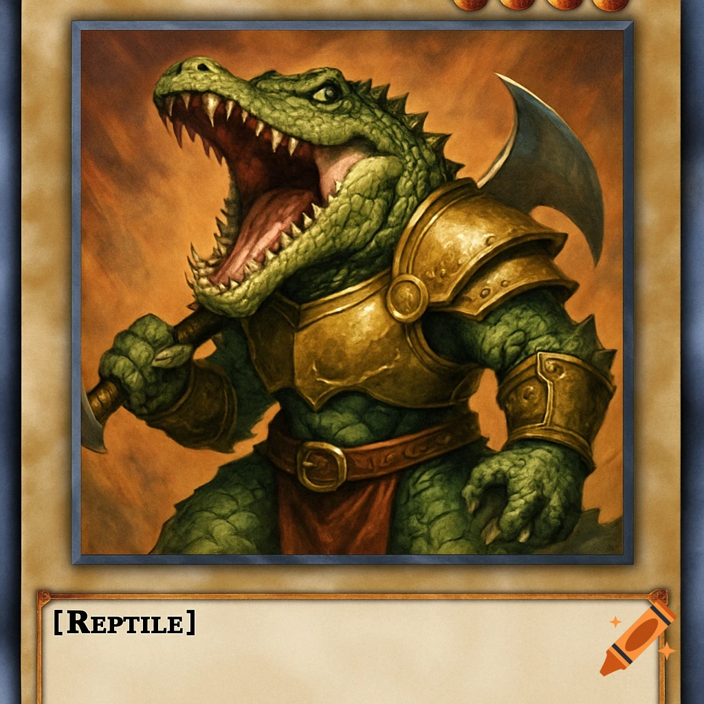 A crocodile warrior with an axe, styled like a fantasy trading card. on ...