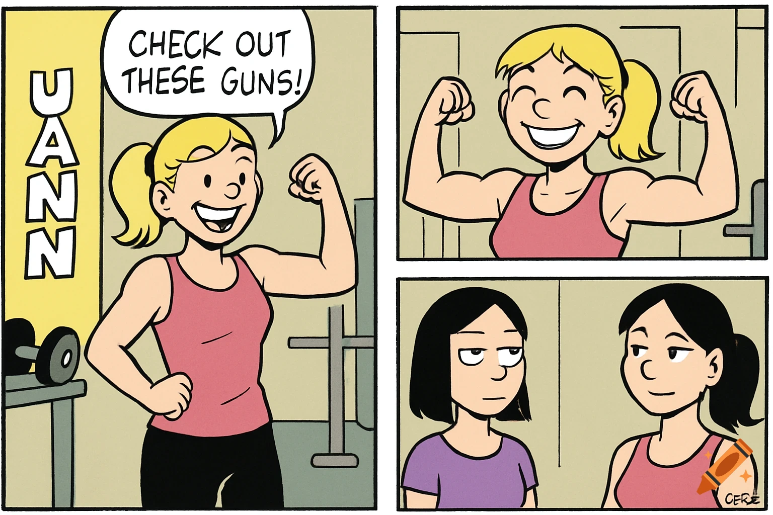 Comic strip panels show a woman flexing muscles at the gym and another ...