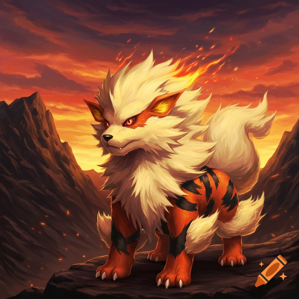 A fantasy creature resembling Arcanine with fiery mane and tiger ...