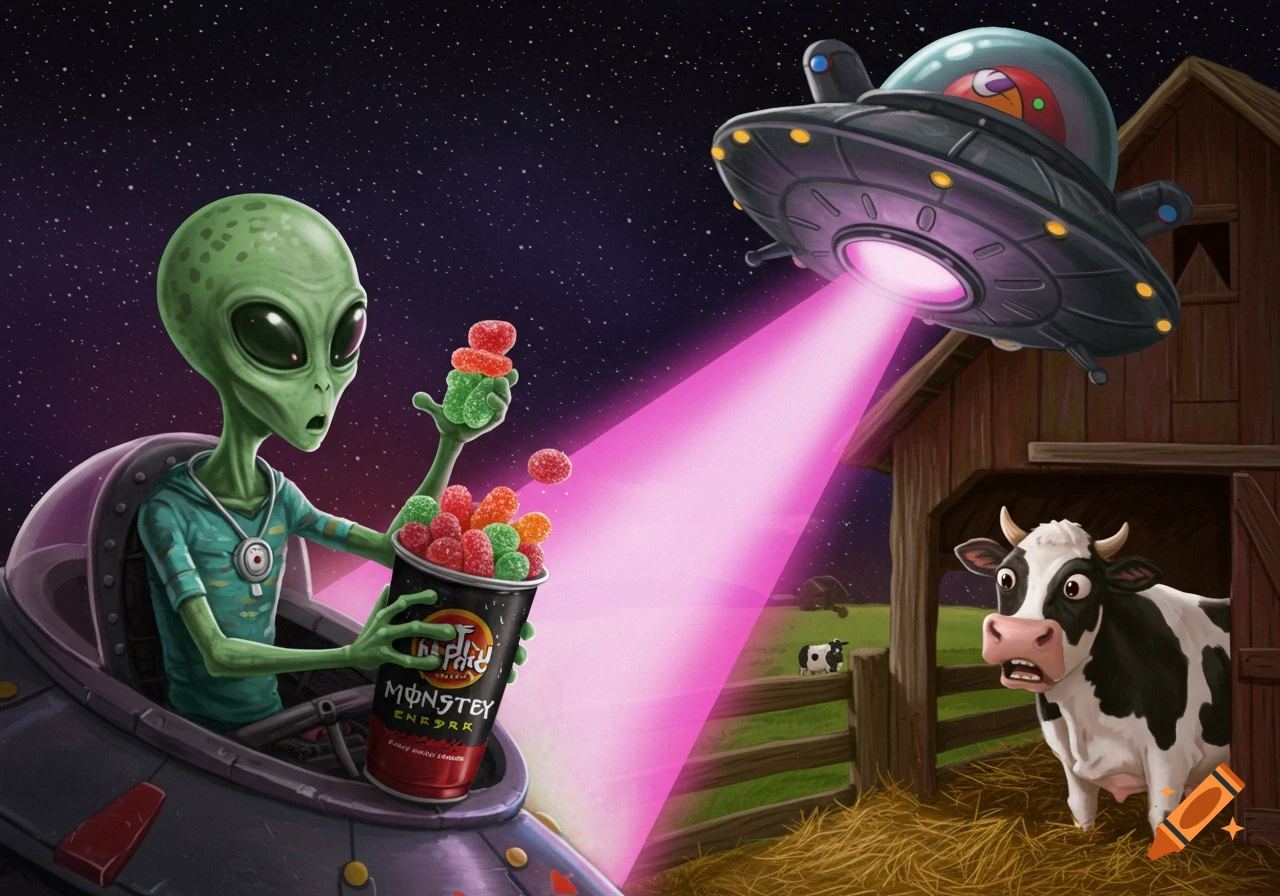 Cartoon alien in UFO steals candy from barn using a beam while a cow ...