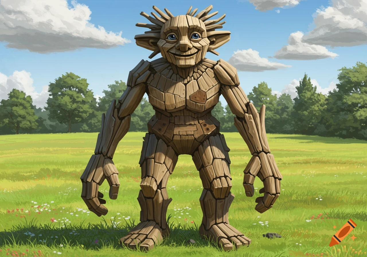 A whimsical wooden troll sculpture stands in a sunny field. on Craiyon