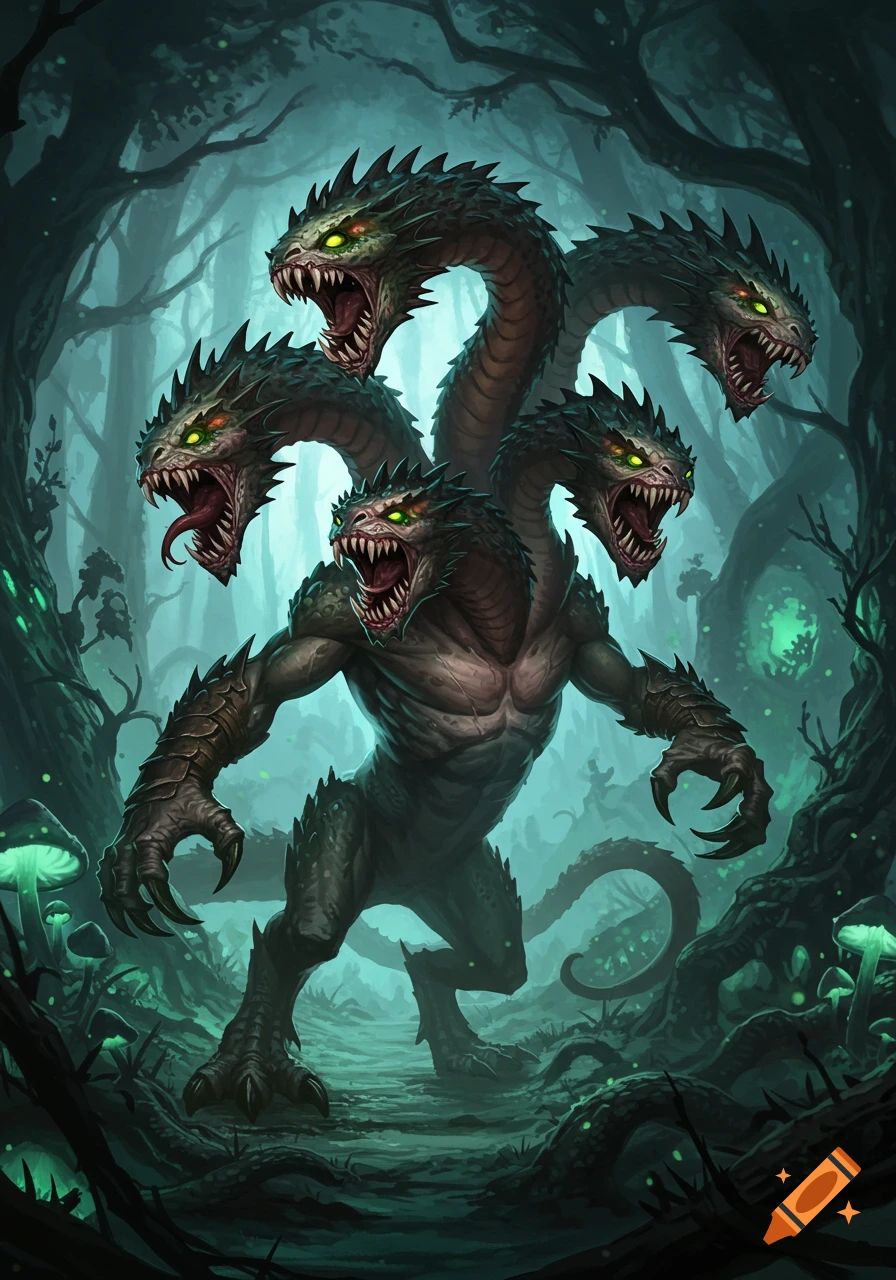 A multi-headed monster stands in a dark, misty forest with glowing ...