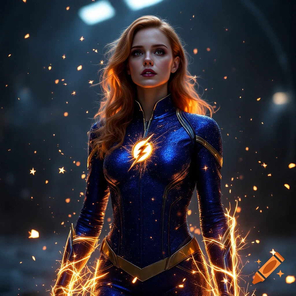 Woman with red hair in blue sparkling superhero suit with Flash symbol ...