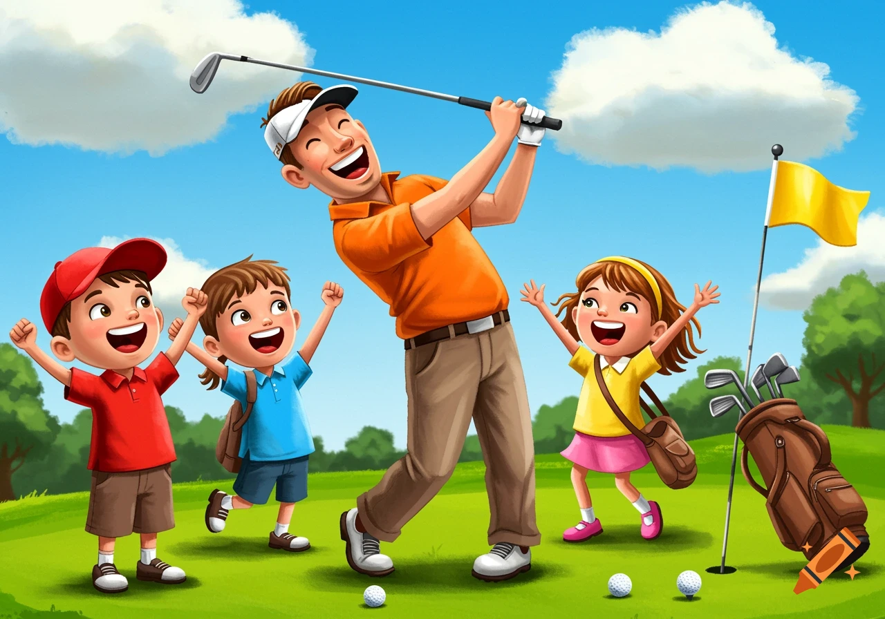 Illustrated scene of a man playing golf as three children cheer him on ...
