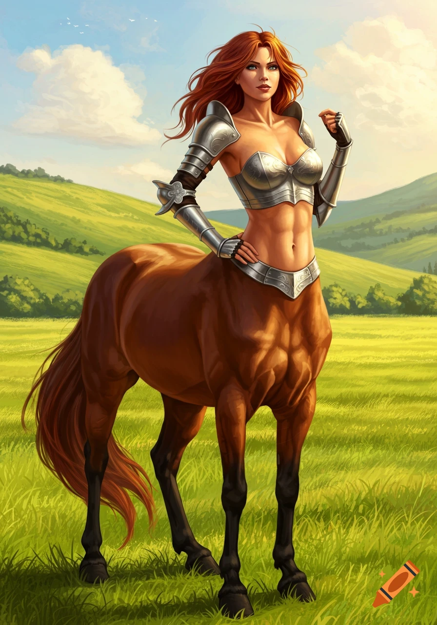 A centaur lady in metal armor stands in a grassy field. Digital illustration. on Craiyon