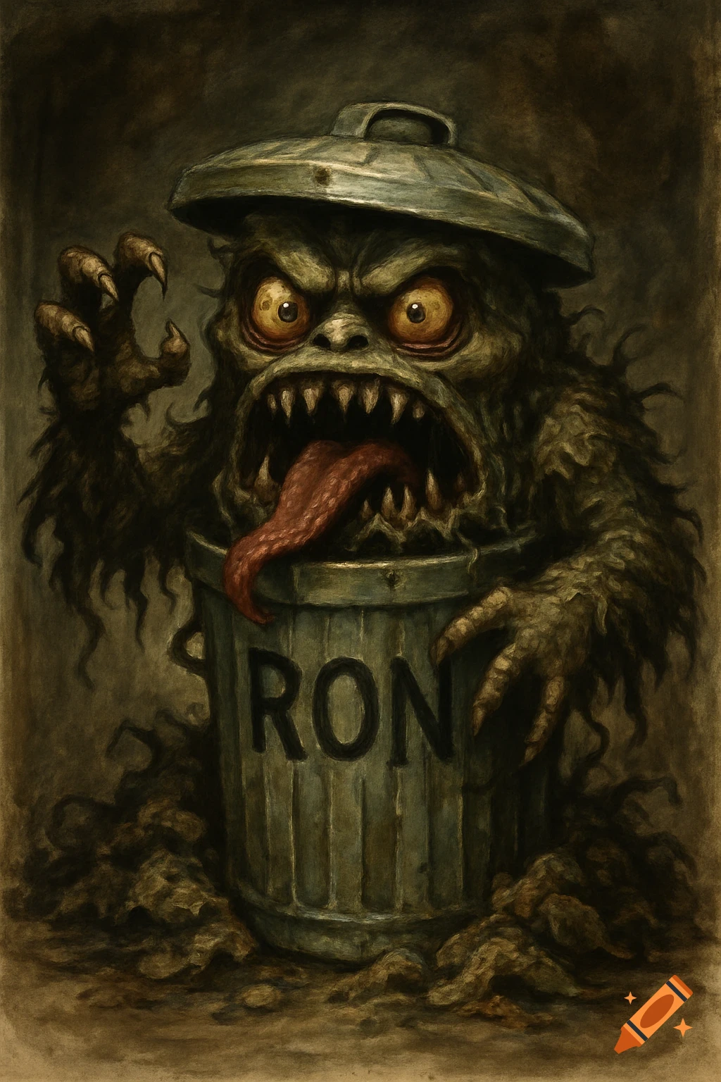 A grotesque monster with red eyes and sharp teeth sits in a trash can ...