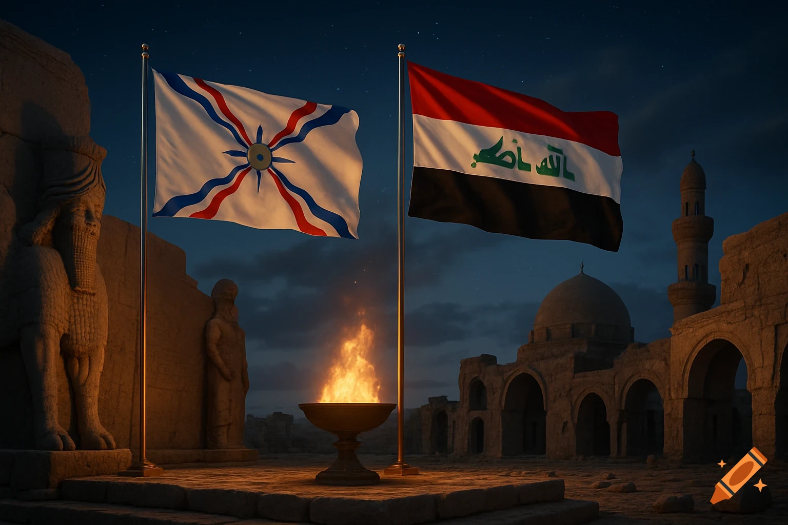 Assyrian and Iraqi flags fly over ancient ruins at night with a burning ...