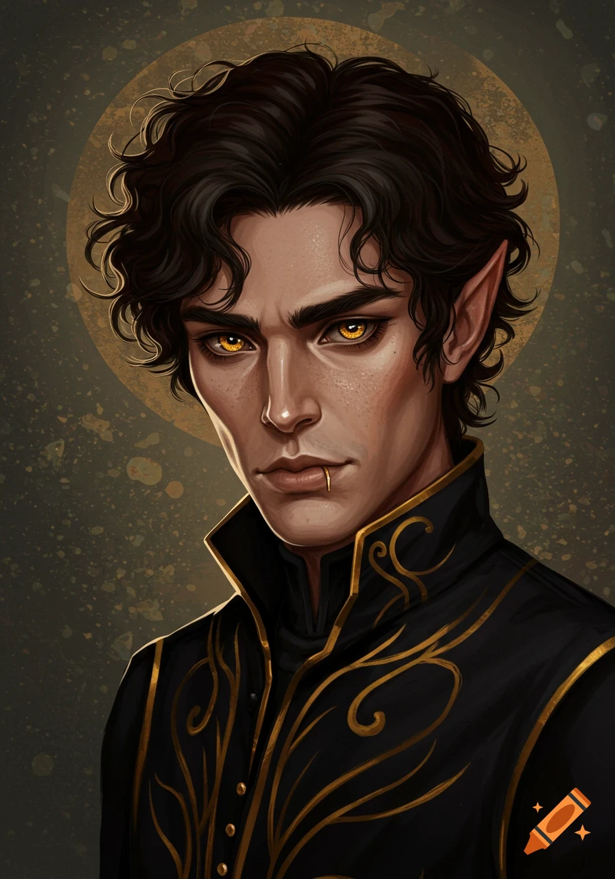 A fantasy portrait of a male faerie with dark curly hair, pointed ears ...