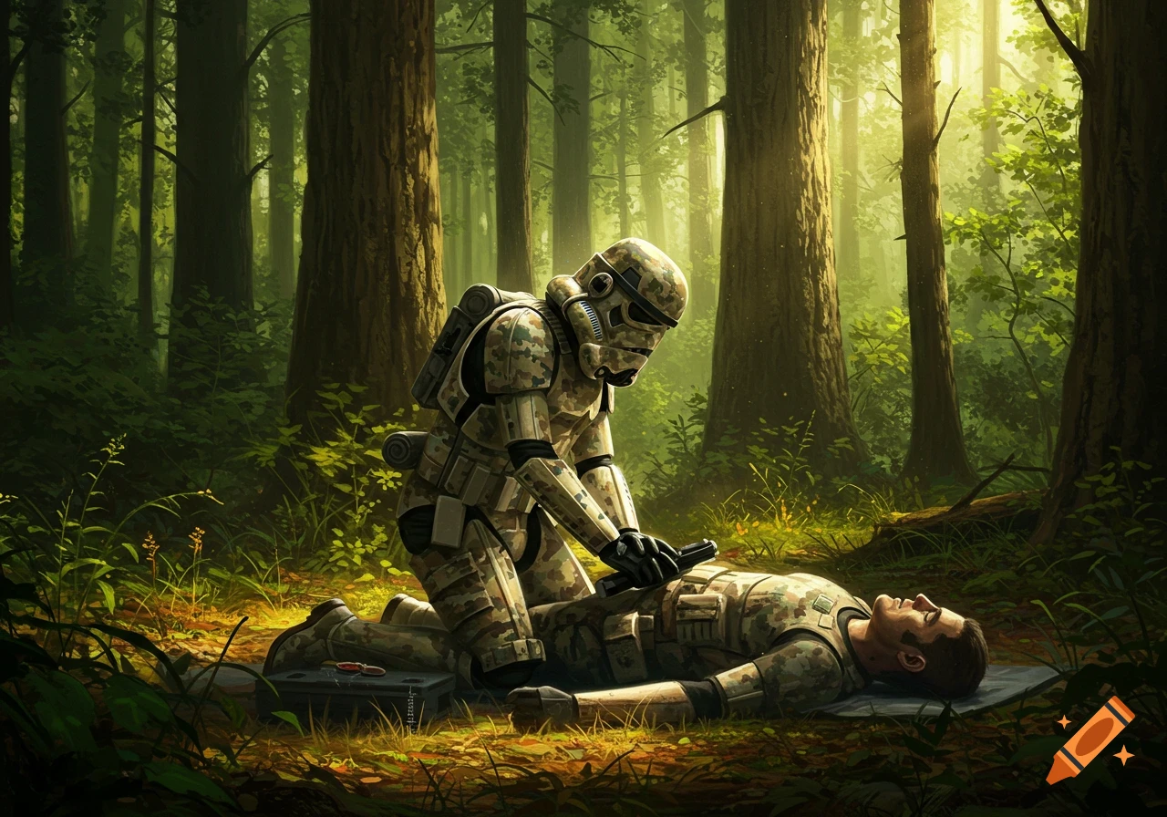 Camo Stormtrooper gives CPR to a soldier in a sunlit forest. on Craiyon