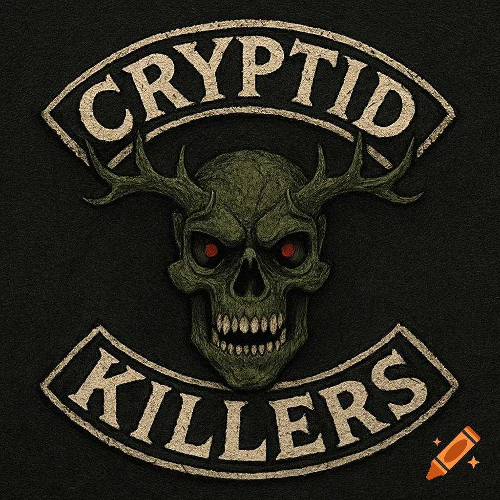 A rocker patch featuring a green skull with antlers and glowing red ...