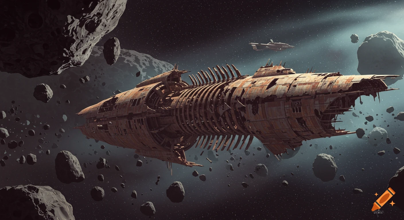 A derelict spaceship drifts among asteroids in deep space. on Craiyon