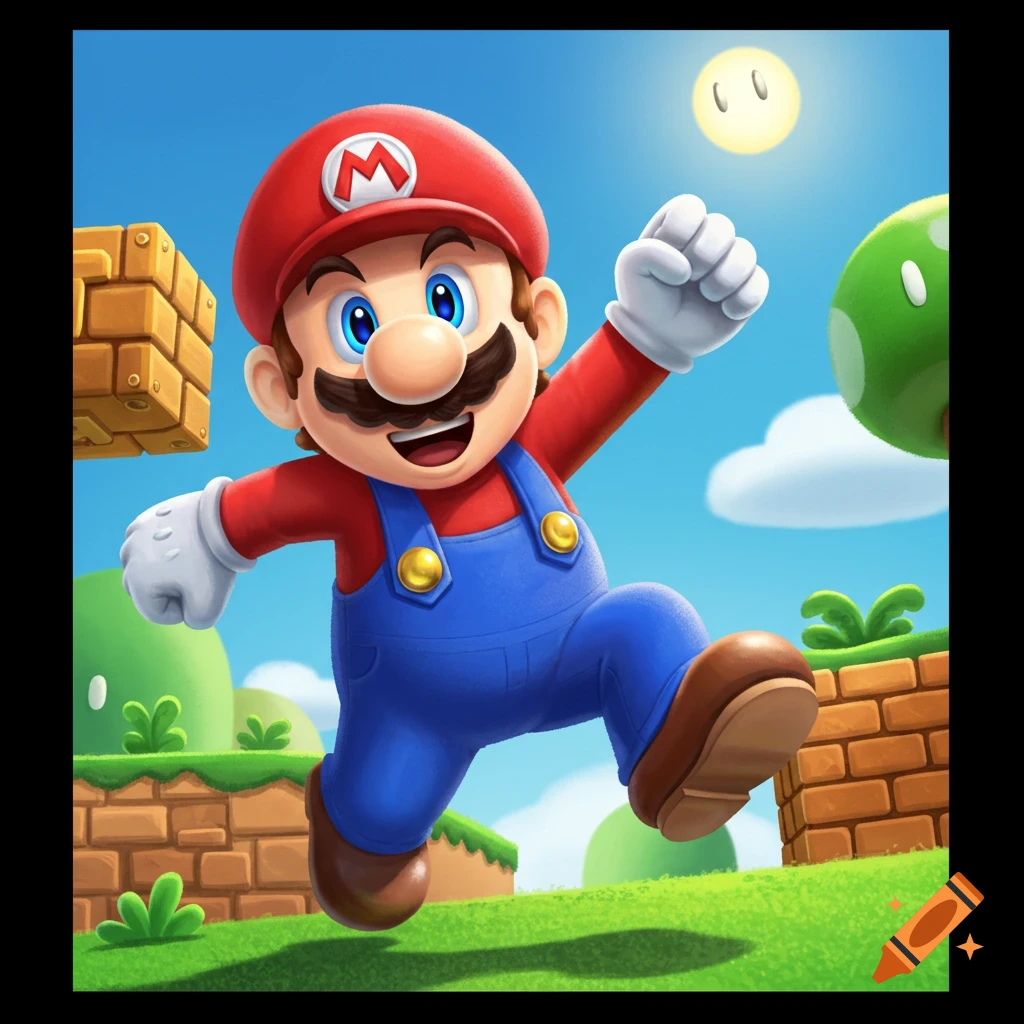Mario jumping in a cartoonish Super Mario Bros. world with blocks and ...