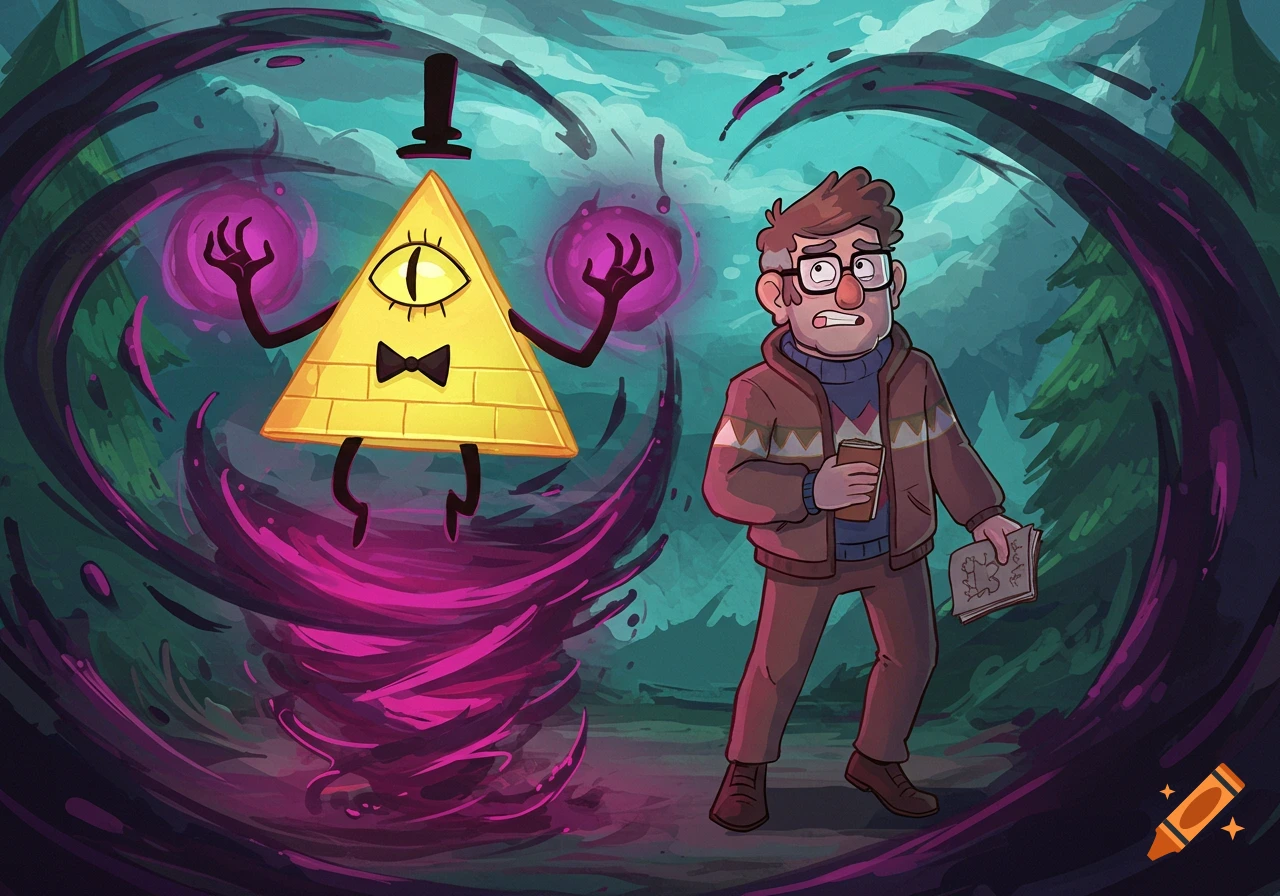 Bill Cipher menacingly faces a frightened Stanford Pines amidst a ...